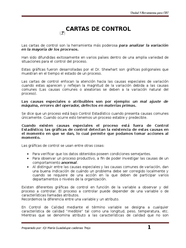 Cartas de Control Por Variables | Estadísticas | Medición