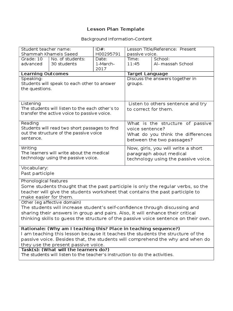 Lesson Plan Template: Learning Outcomes Target Language | PDF ...