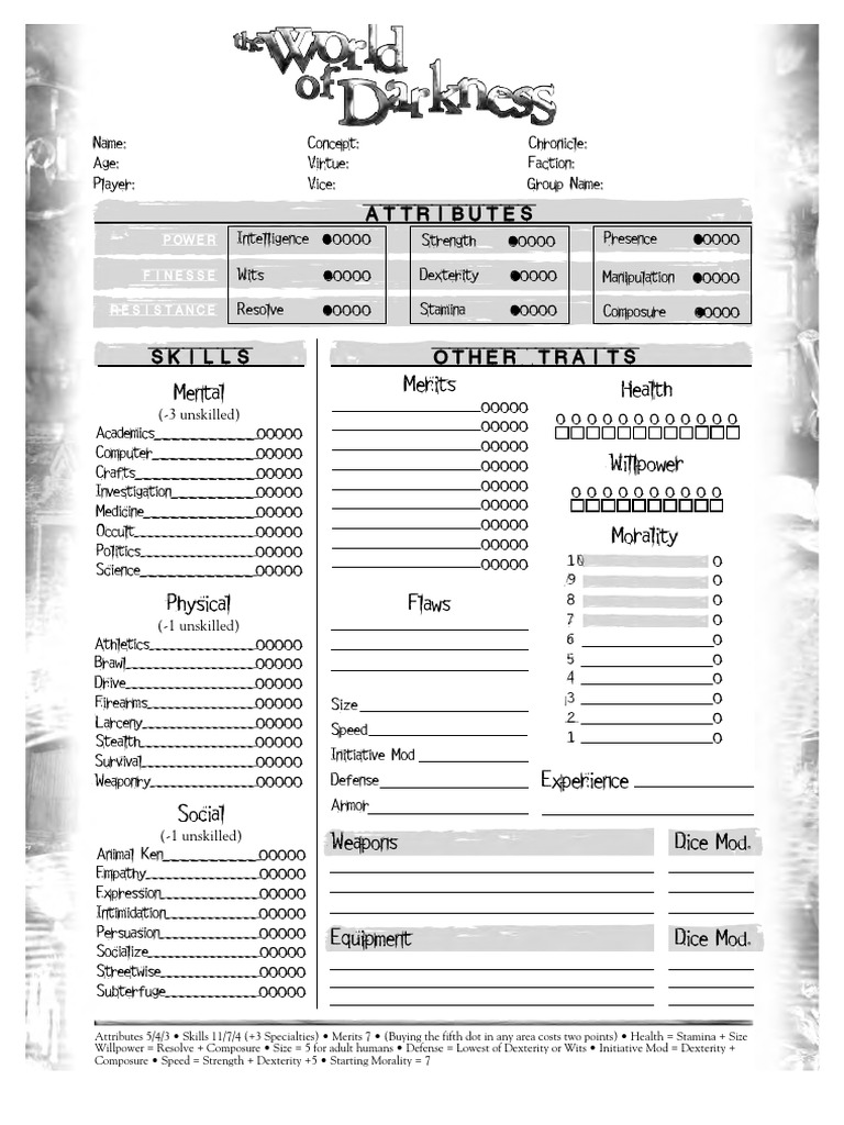 WoD Character Sheet | PDF | Leisure Activities | Role Playing