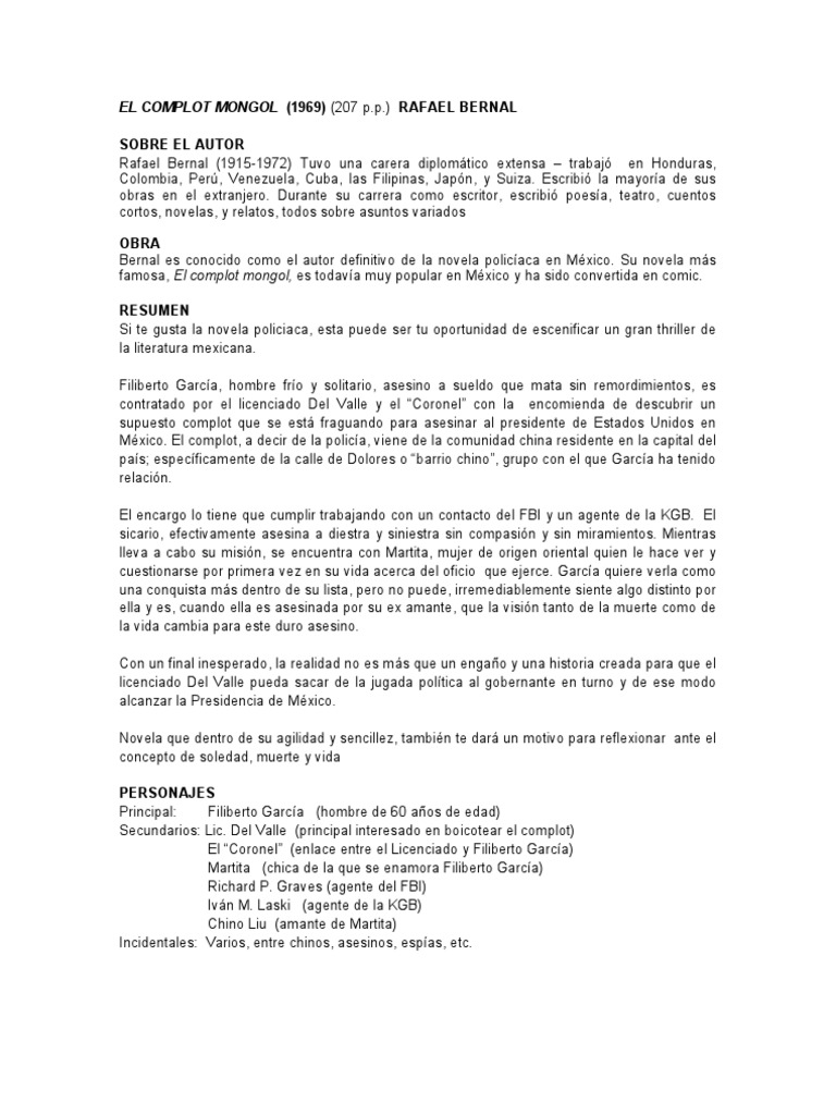 El Complot Mongol de Rafael Bernal | PDF | México | Novelas