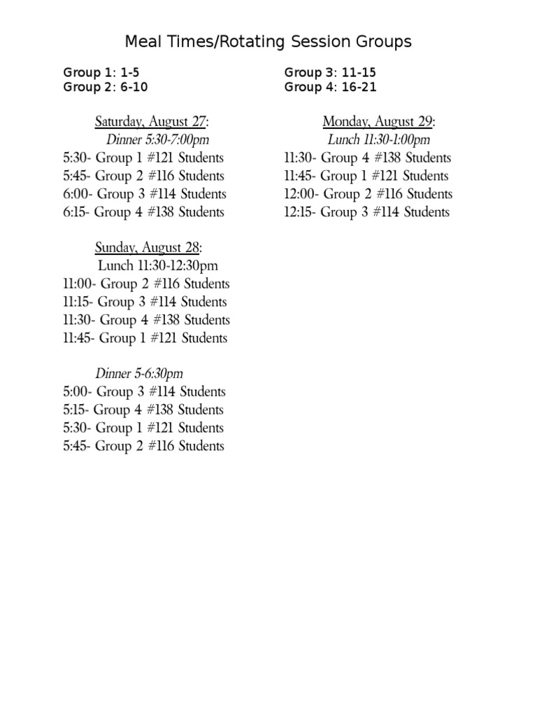 Meal Schedule for Rotating Student Groups | PDF