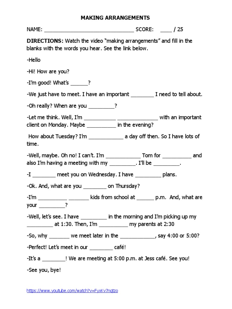 Making Arrangements (Fill in The Blank Exercise) | PDF