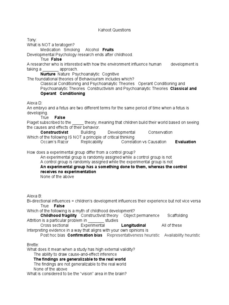 Kahoot Questions | PDF | Experiment | Developmental Psychology