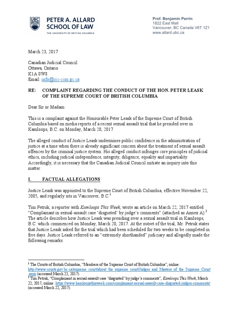 Complaint Re Conduct of Hon Peter Leask - Perrin | PDF | Judge ...