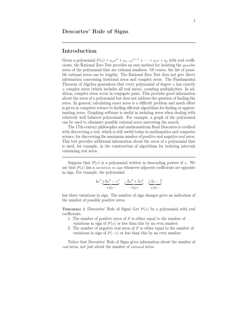 Understanding Descartes' Rule of Signs | PDF | Polynomial | Zero Of A ...