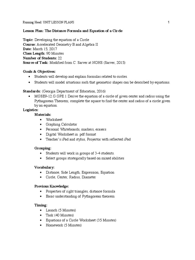 Lesson Plan - Distance Formula and Eauations of Circles | PDF | Circle ...
