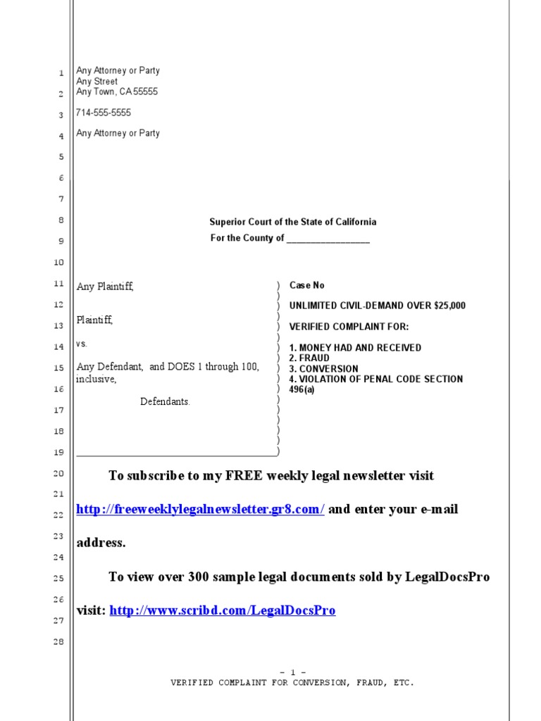 Sample Complaint For Penal Code Section 496 (C) Damages in California ...