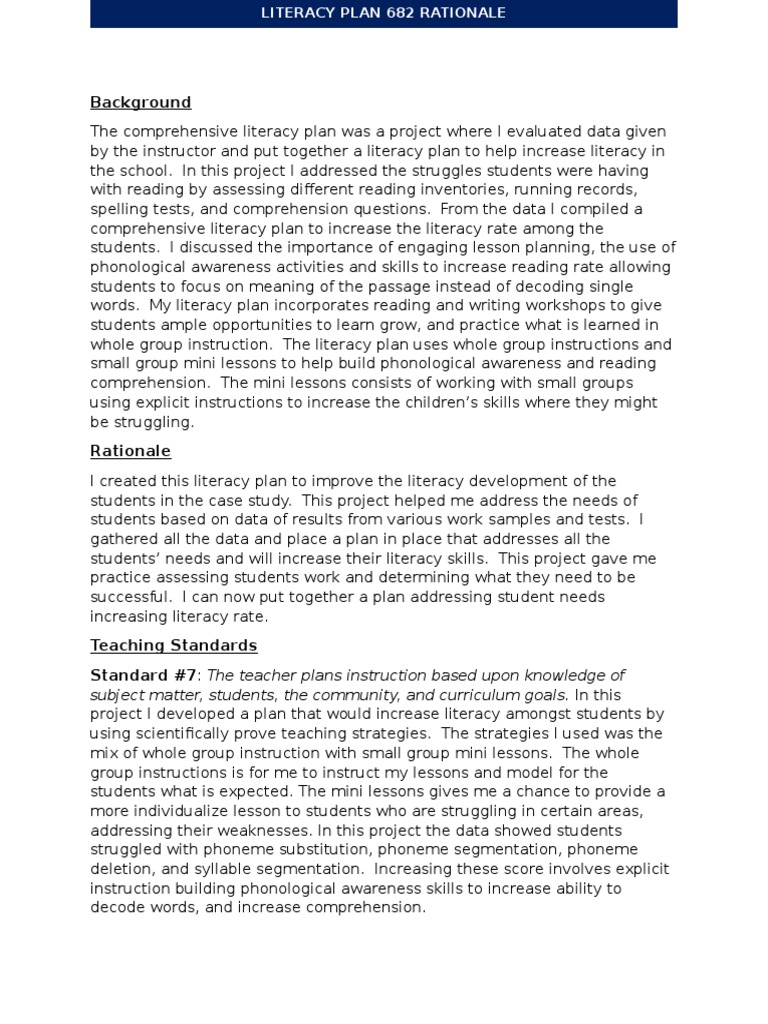 Literacy Plan Rationale | PDF | Literacy | Reading (Process)
