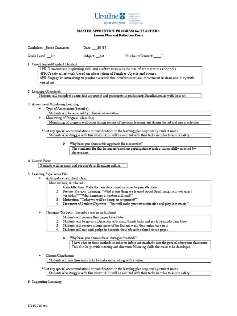 Master Apprentice Program For Teachers Lesson Plan and Reflection Form ...