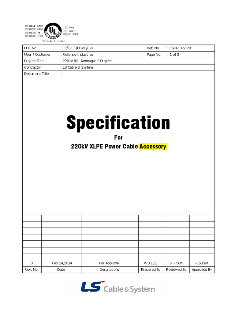 Specification For Power Cable Accessory - J3 | PDF | Silicone ...