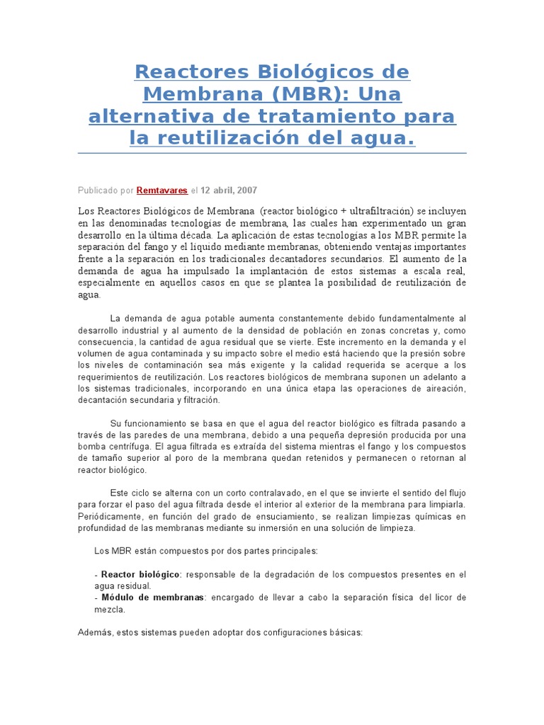 Reactores Biológicos de Membrana | PDF | Motor a reacción | Agua