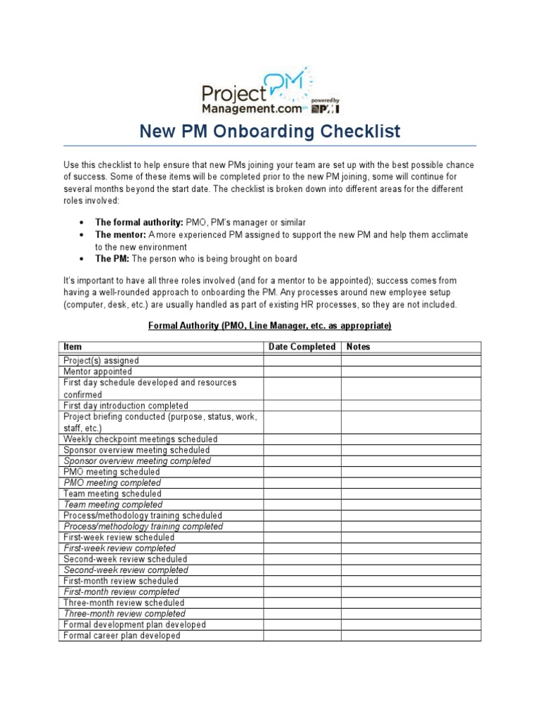 New PM Onboarding Checklist | PDF | Mentorship | Accountability