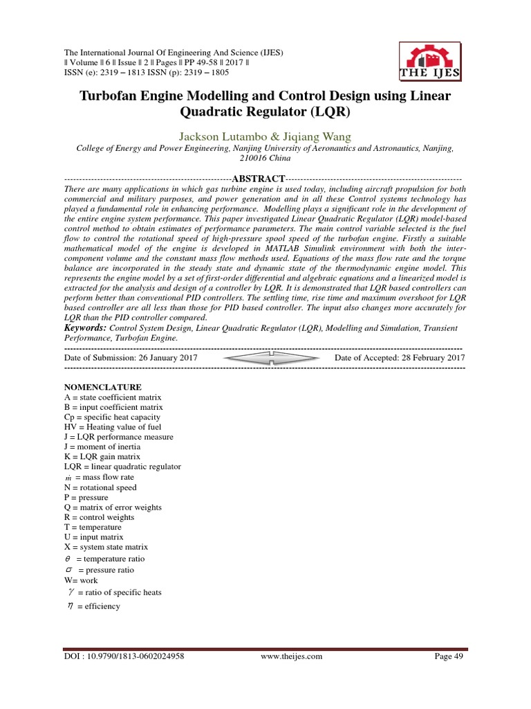 Turbofan Engine Modelling and Control Design Using Linear Quadratic ... Turbofan Engine Modelling and Control Design Using Linear Quadratic ...