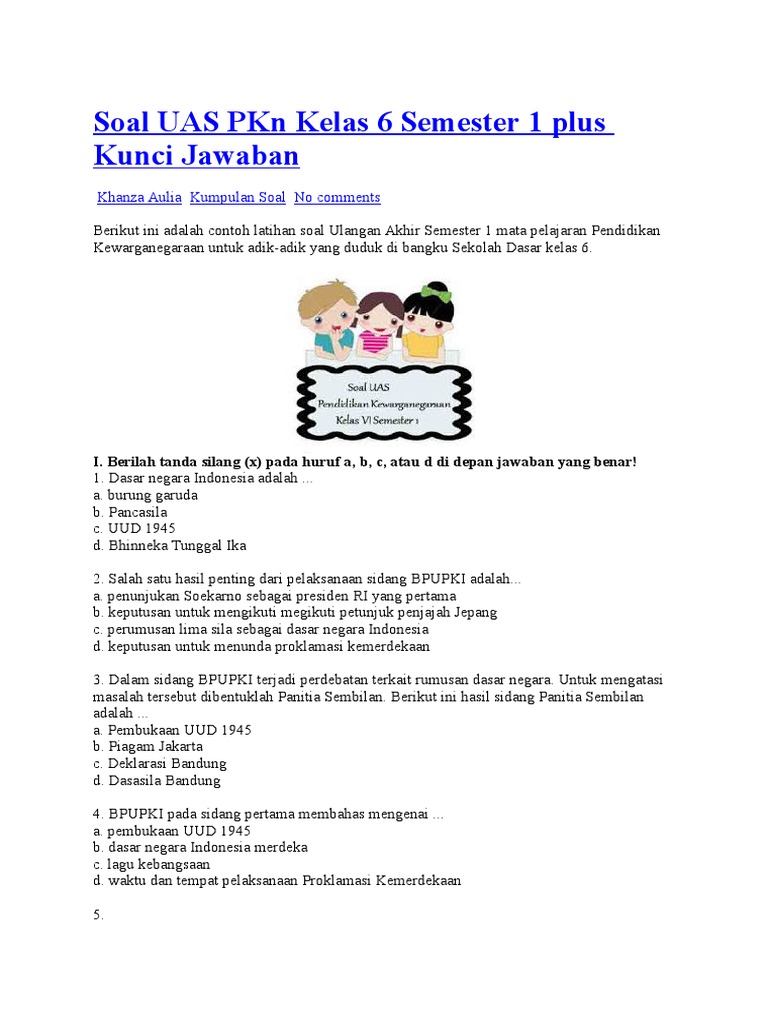 Soal UAS PKN Kelas 6 Semester 1 Plus Kunci Jawaban | PDF | Politik