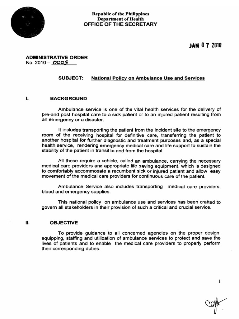 Ao2010-0003 National Policy On Ambulance Use | PDF