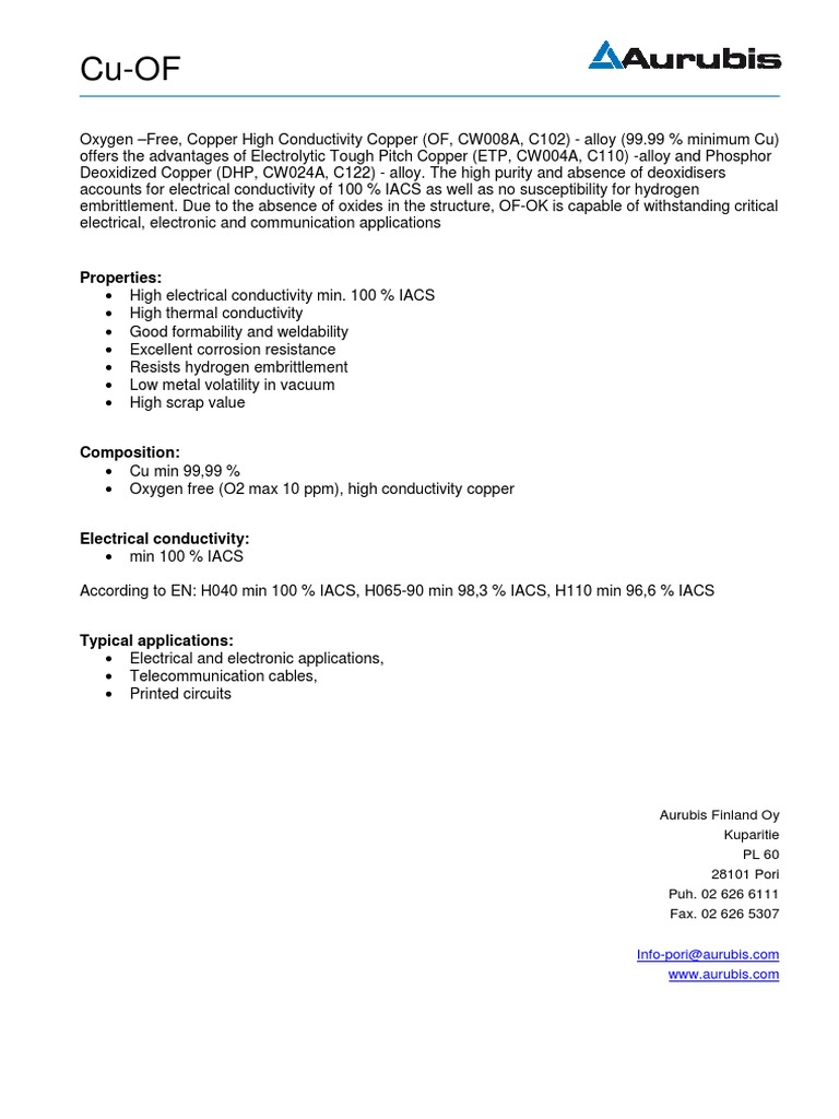Cu - of - Cw008a | PDF | Copper | Electrical Resistivity And Conductivity