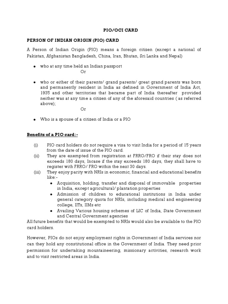 Pio/Oci Card Person of Indian Origin (Pio) Card | PDF