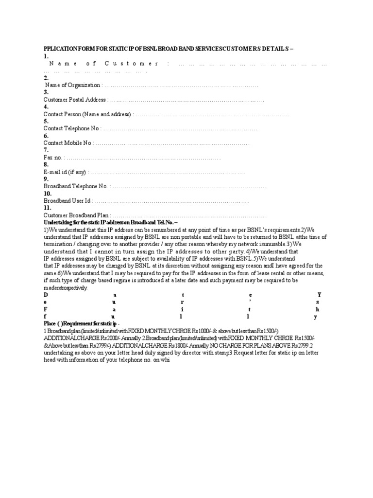 BSNL broadband static IP application form | PDF