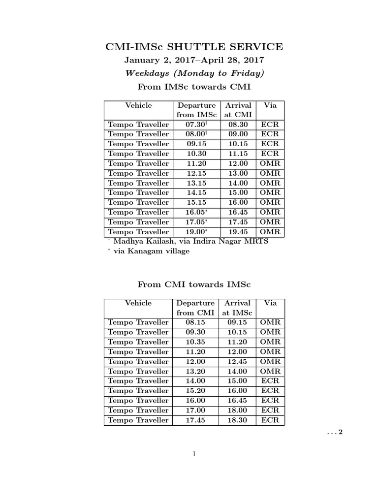IMSc - CMI Shuttle Schedule | PDF