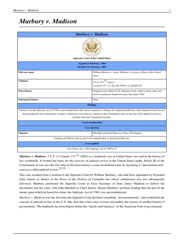 Marbury v. Madison Establishes Judicial Review | PDF | Marbury V ...