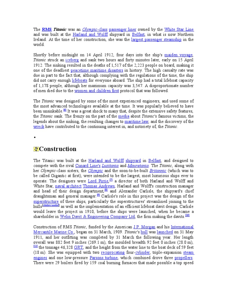 Construction: Titanic Struck An | PDF | Rms Titanic | Ships Of The ...