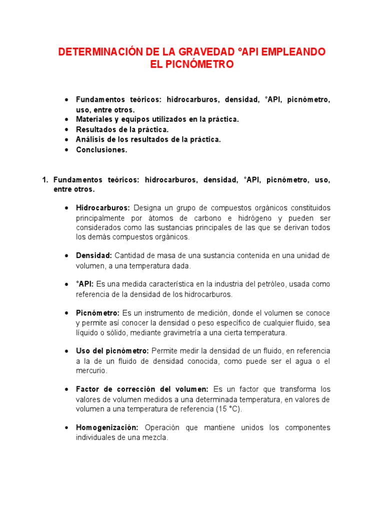 Determinación de La Gravedad API Mediante El Picnometro | PDF ...