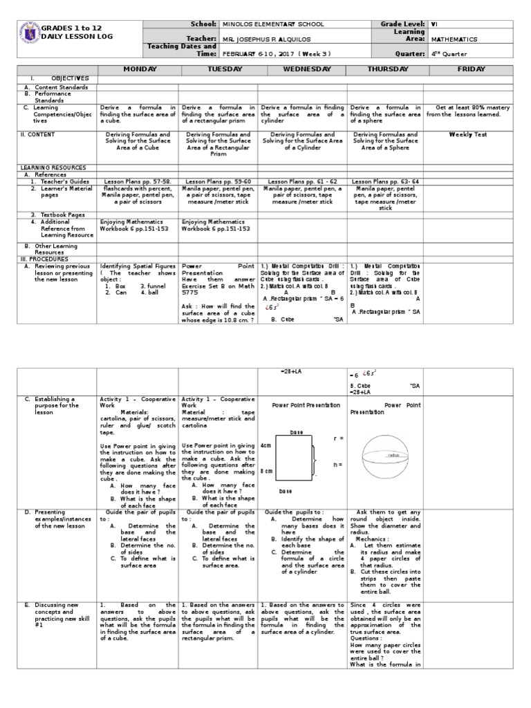 DLL Mathematics 6 q4 w3 | PDF | Area | Surface Area