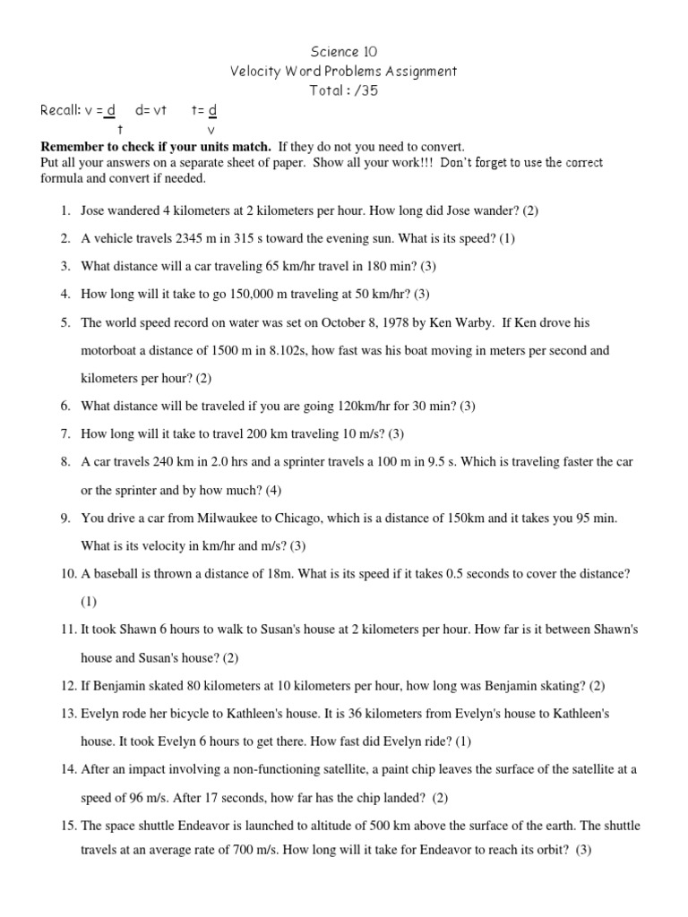 Velocity Word Problems Assignment 0 | PDF