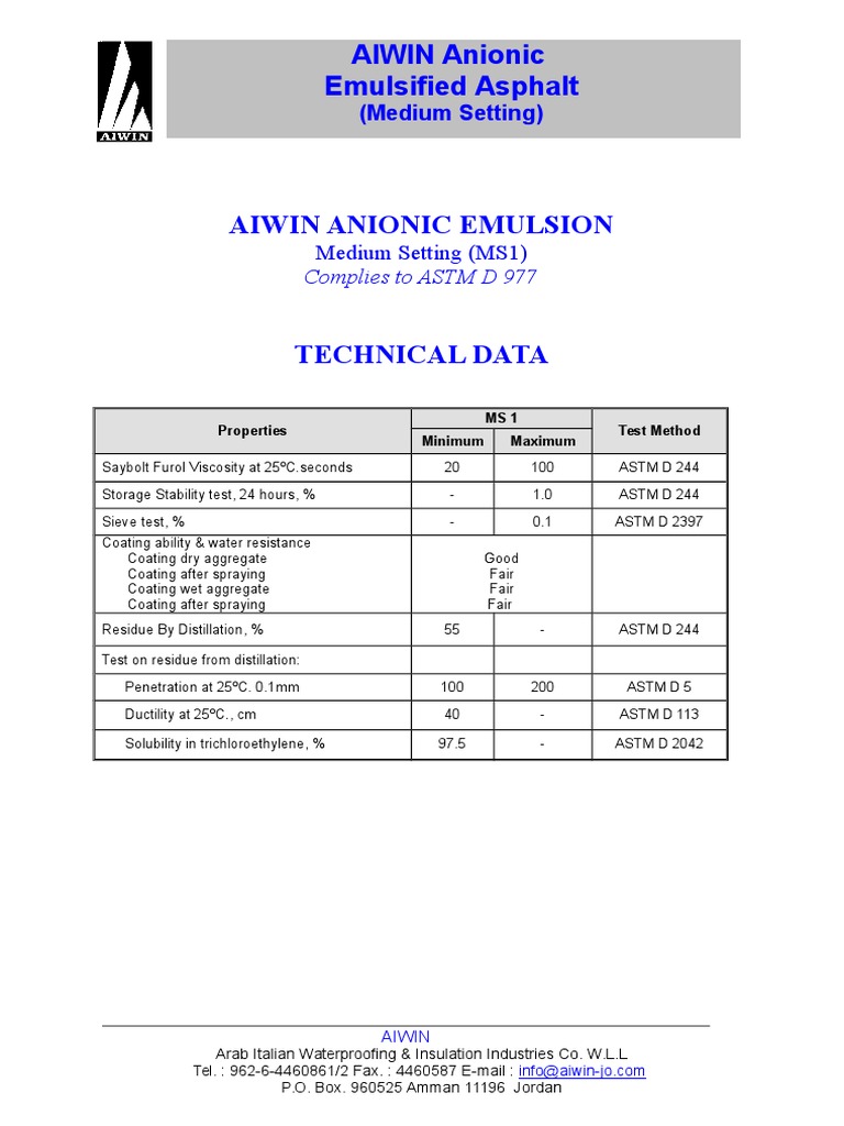 Aiwin Anionic Ms1 27-5-2013 | PDF | Asphalt | Emulsion