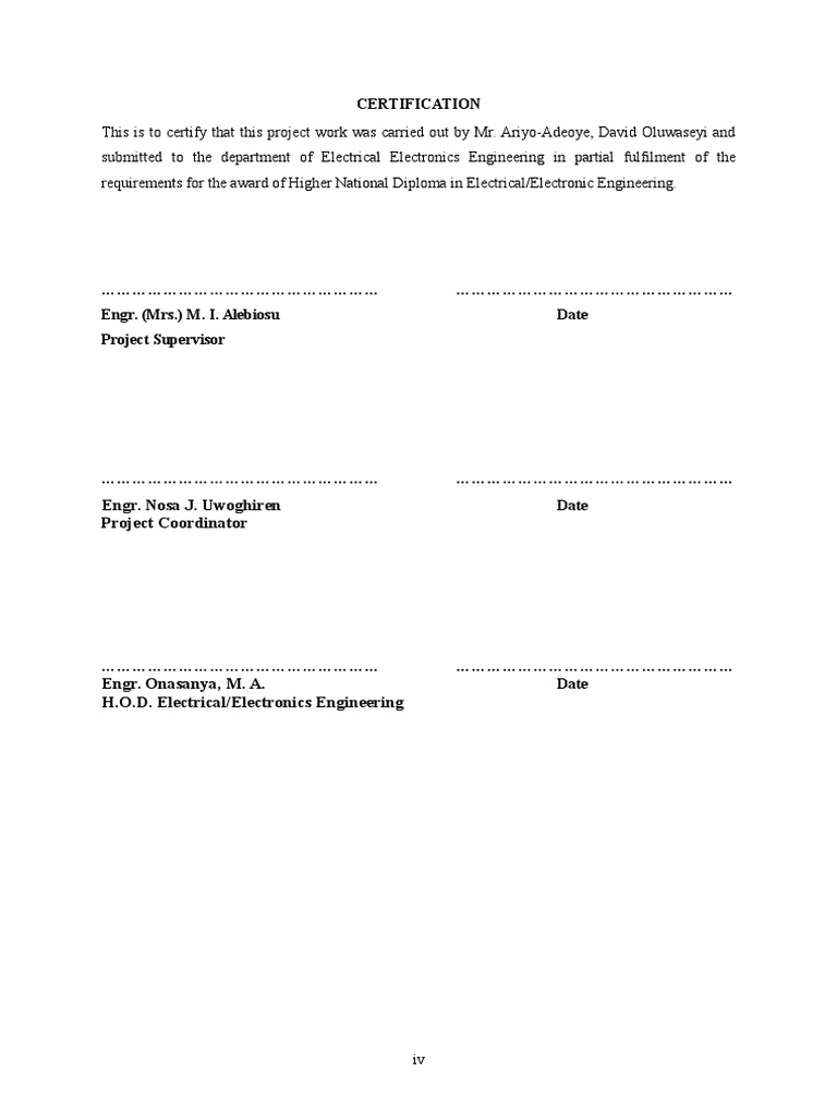 Certification of Project Work Completion for Three Students Pursuing Higher National Diploma in ...