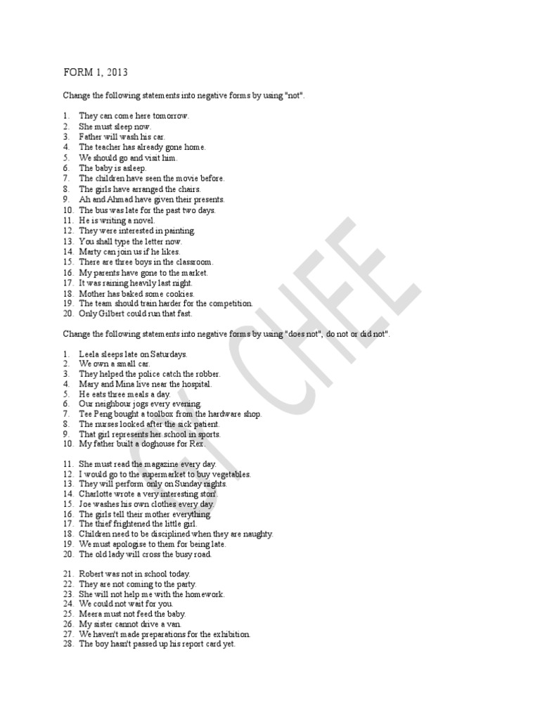 Form 1 negative statements worksheet | PDF