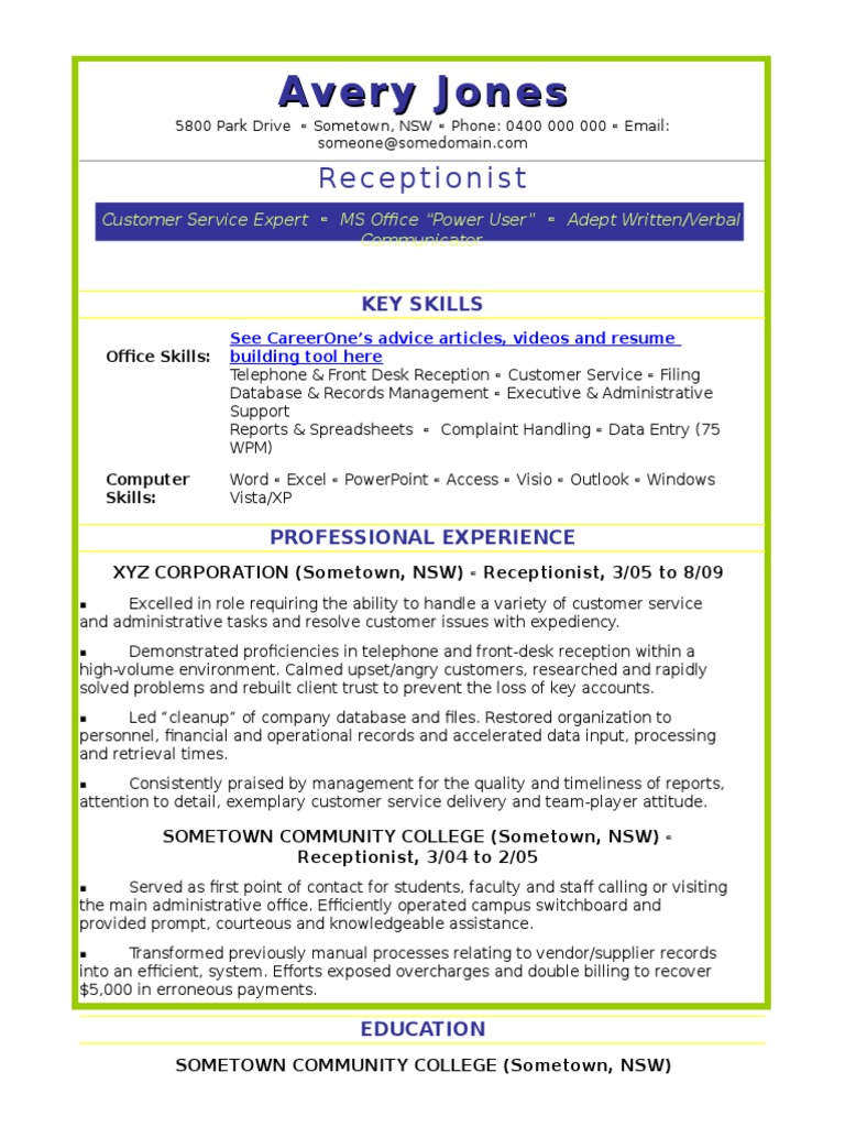 CV Template Receptionist | PDF | Microsoft Excel | Databases