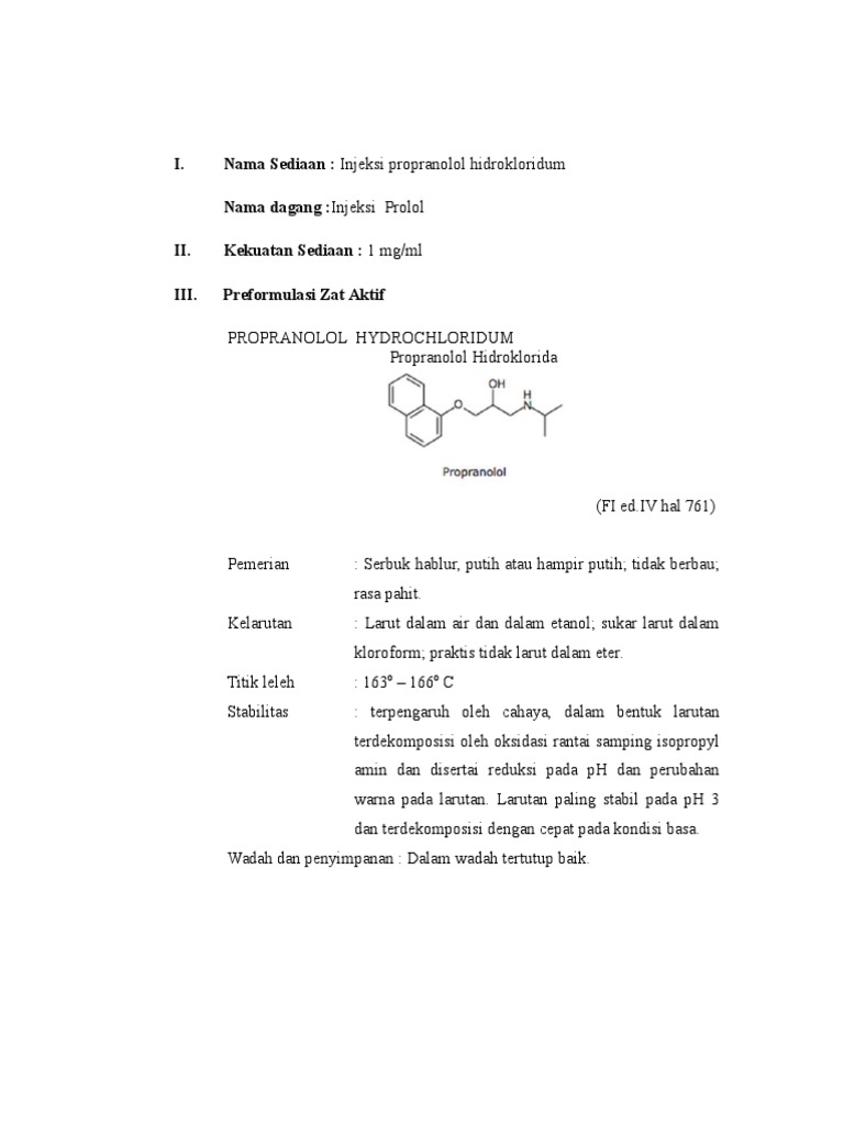 Formula Injeksi Propranolol HCl 1 mg/ml | PDF