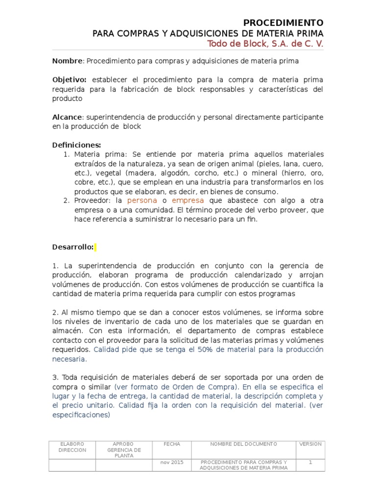 Procedimientos - Compras y Adquisiciones | PDF | Materia prima | Importar