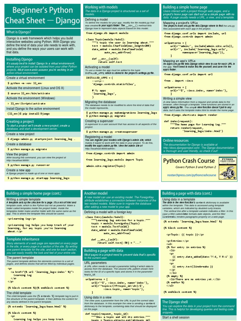 Beginners Python Cheat Sheet Pcc Django Databases Database Index