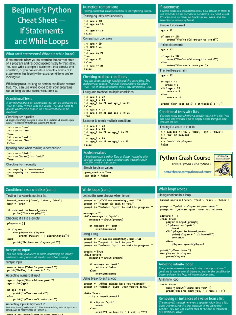 Beginners Python Cheat Sheet PCC If While PDF | PDF | Control Flow ...