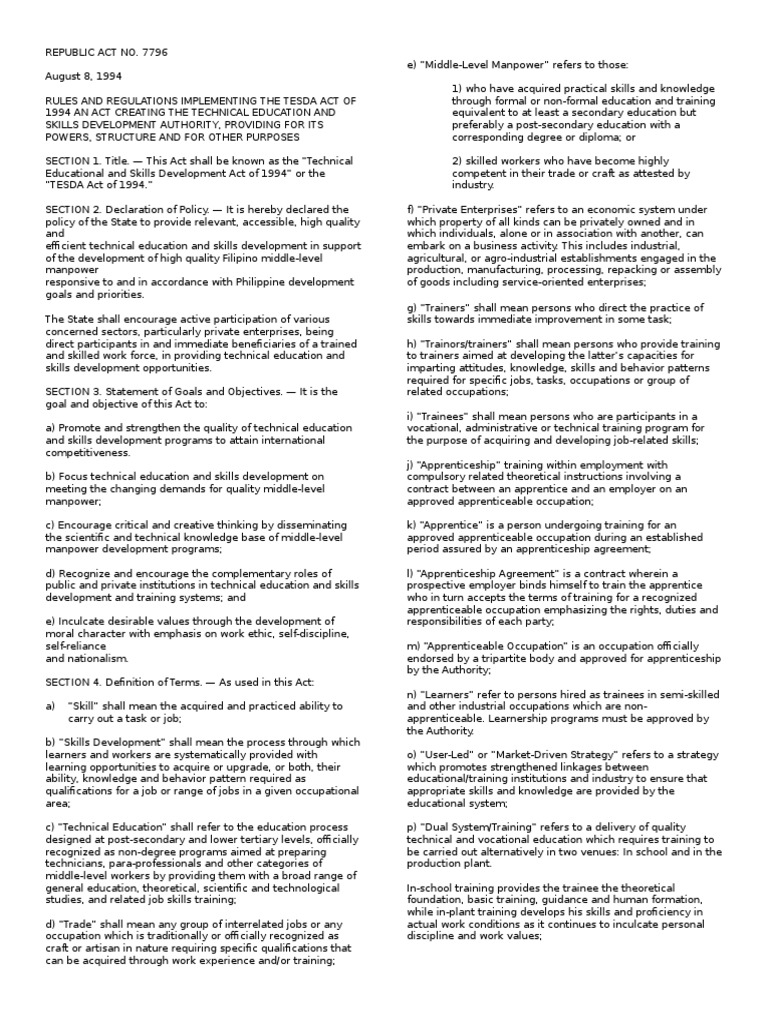 Labor 1 - Laws - 091015 (Ra 7796) | PDF | Vocational Education ...