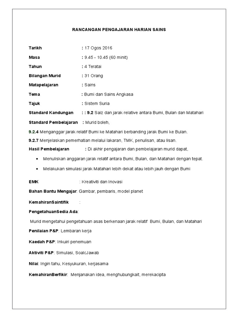 Rancangan Pengajaran Harian Sains | PDF Rancangan Pengajaran Harian Sains | PDF