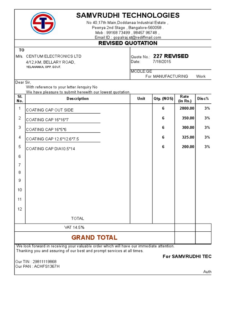 Samvrudhi Technologies: Revised Quotation 227 Revised | PDF | Business