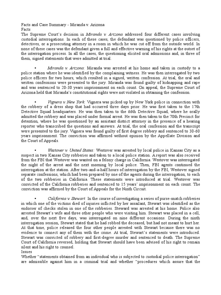 Miranda v. Arizona Case Summary | PDF | Miranda V. Arizona | Miranda ...