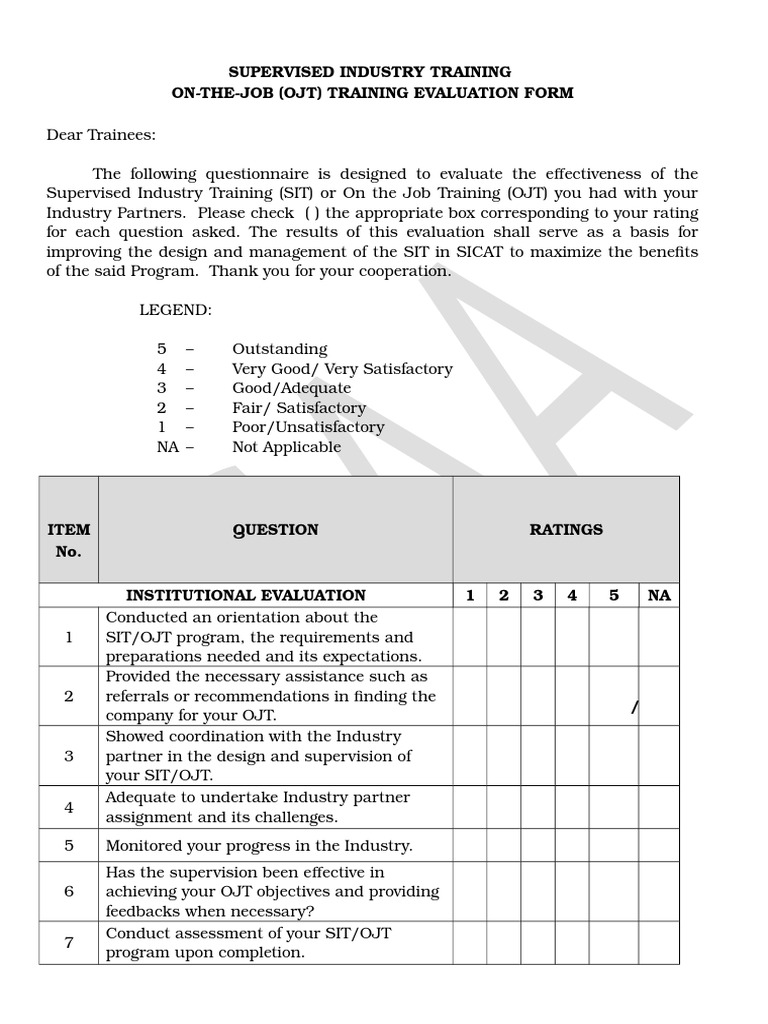 Ojt Evaluation Forms (Supervised Industry Training) Sample | PDF ...