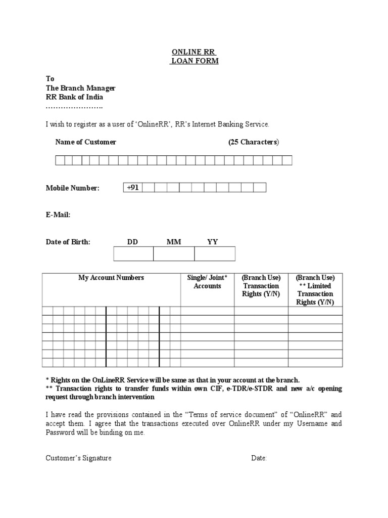 Online RR Loan Form To The Branch Manager RR Bank of India . | PDF ...