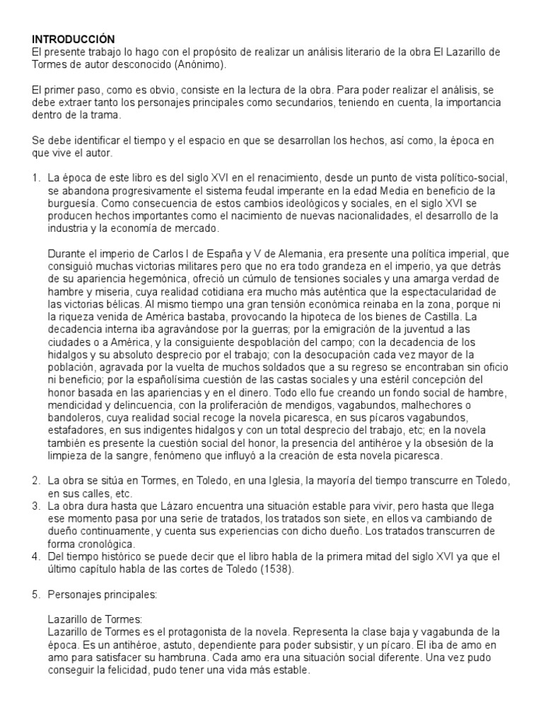 Analisis Literario Lazarillo de Tormes | PDF | Novelas