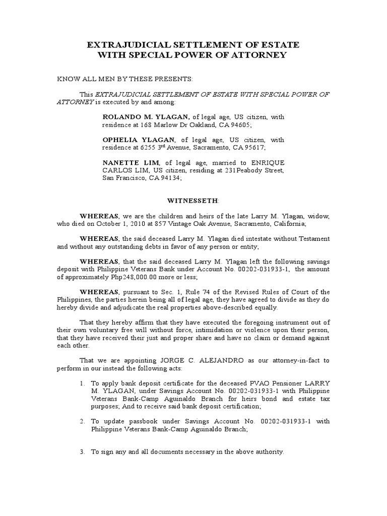 Extrajudicial Settlement of Estate Ylagan | PDF | Civil Law (Common Law ...