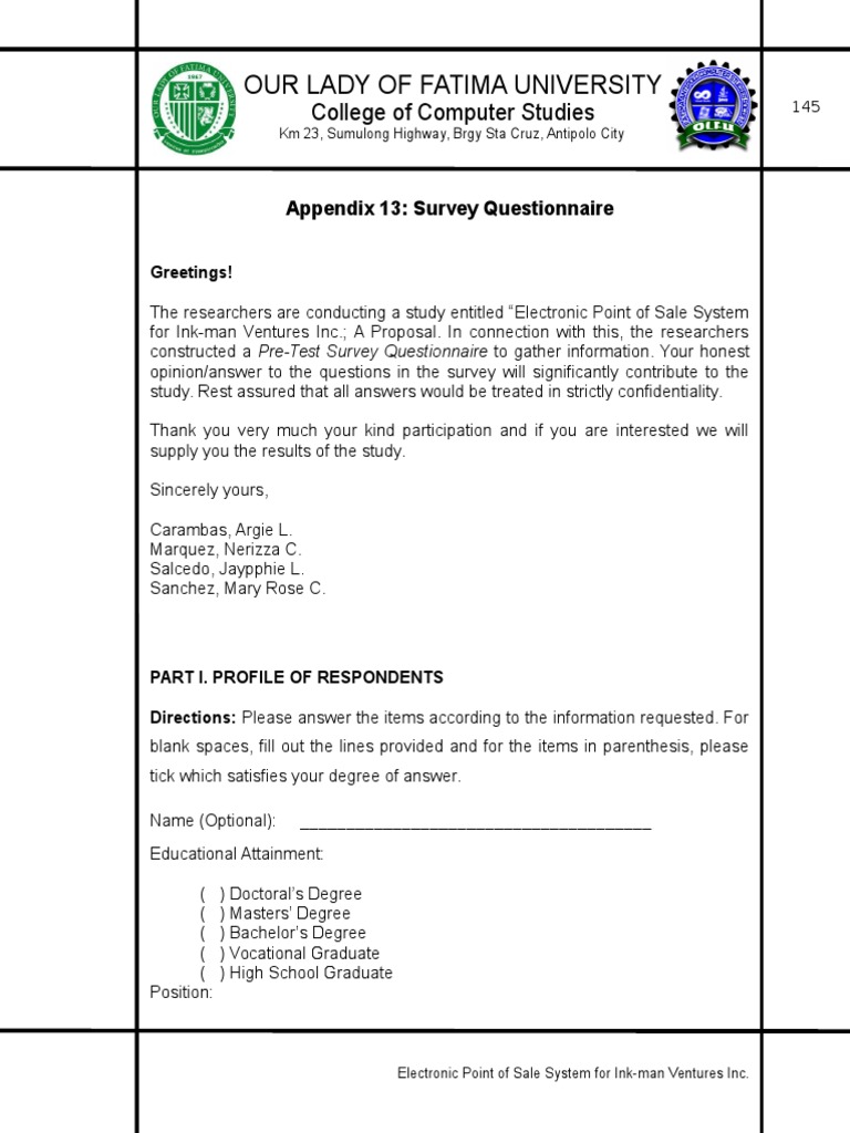 Appendix 13 - Questionnaire | PDF | Survey Methodology | Point Of Sale