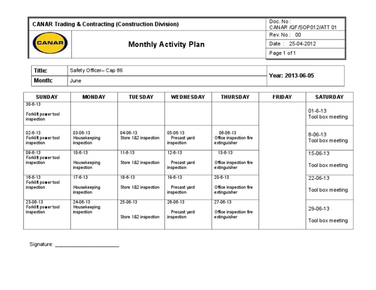 012 Att 1 Monthly Activity Plan June 2012 | PDF | Sports | Leisure