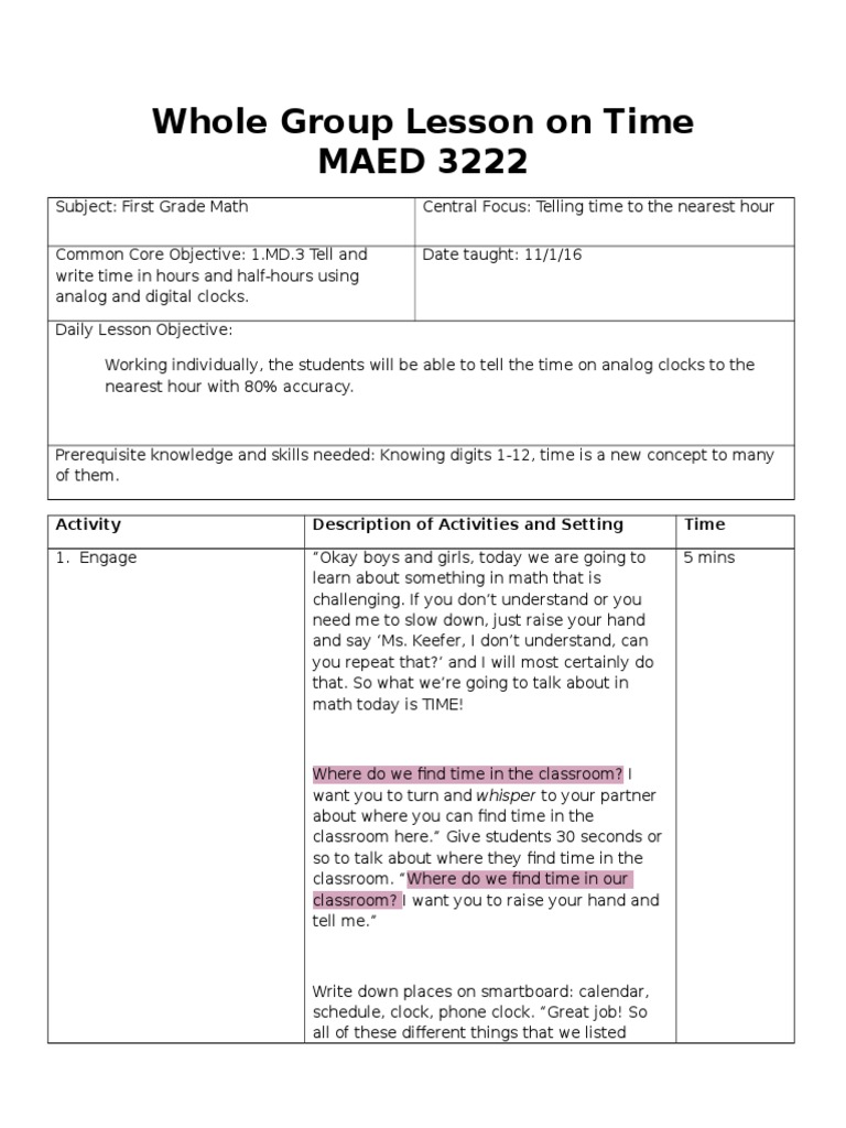 Whole Group Lesson On Time MAED 3222: Activity Description of ...