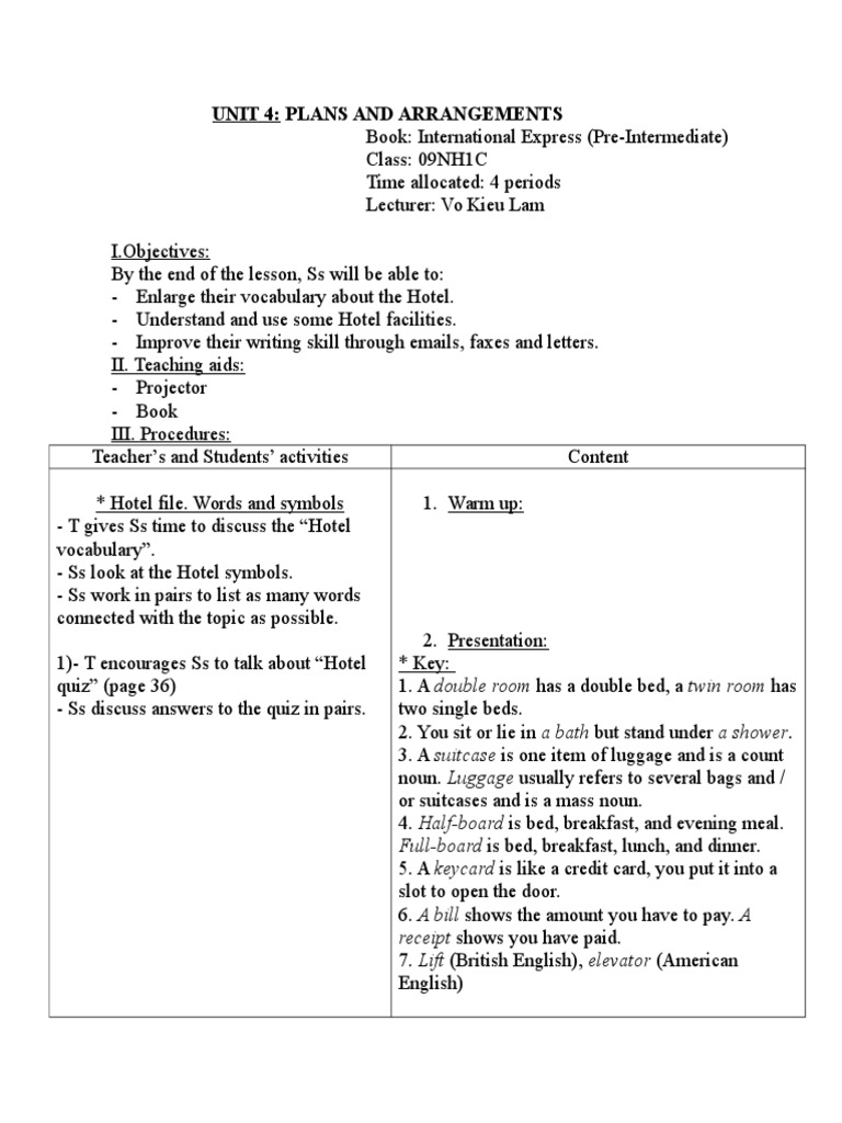 Unit 4 Pre-Int Keys | PDF | Hotel | Languages