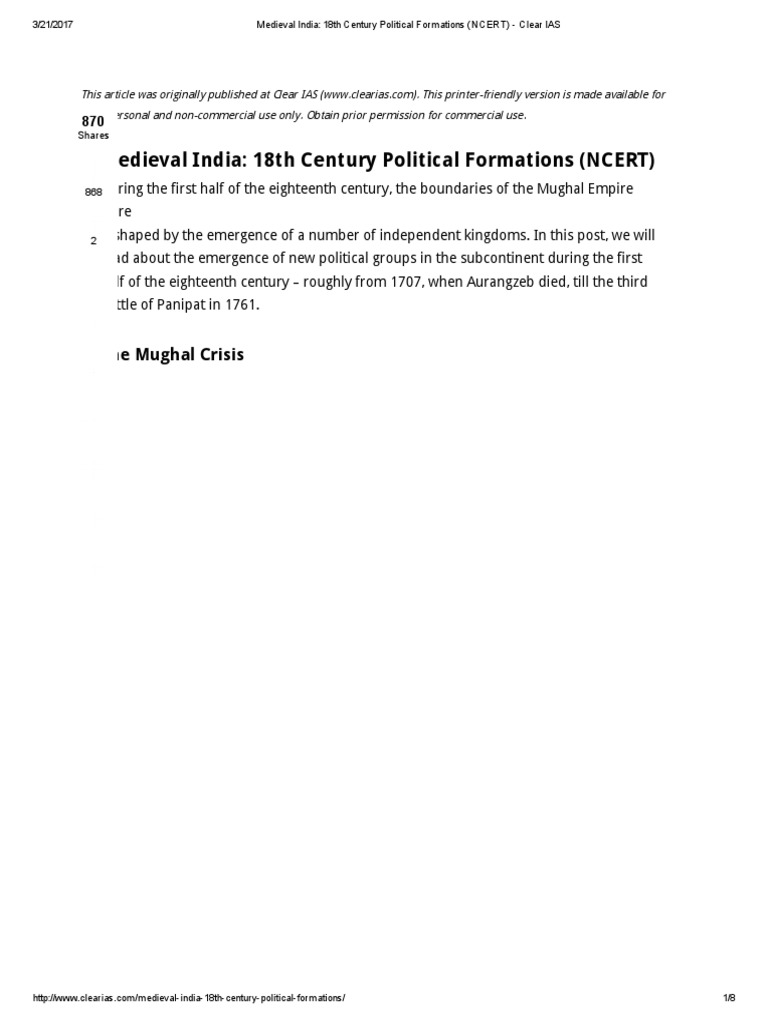 Medieval India - 18th Century Political Formations (NCERT | Download Free PDF | Mughal Empire ...