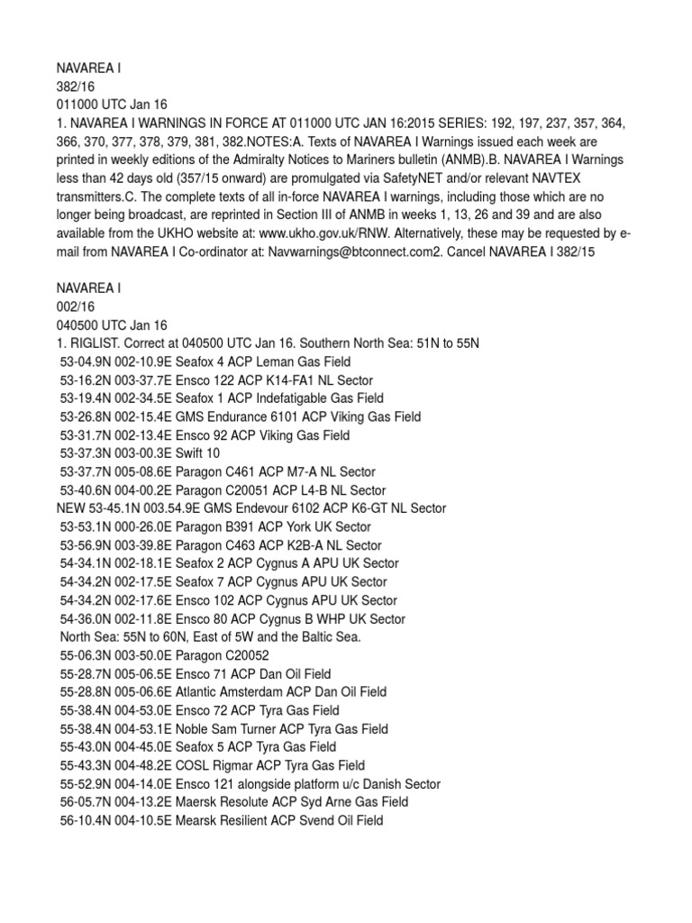 NAVAREA I warnings summary for 16 January 2016 | PDF | Wireless | Geography